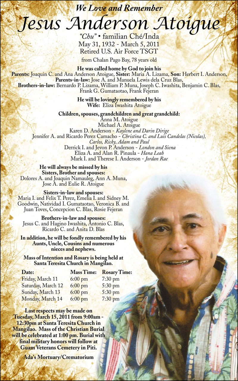 Jesus Atoigue Obituary (2011) - Hagatna, Guam - Pacific Daily News