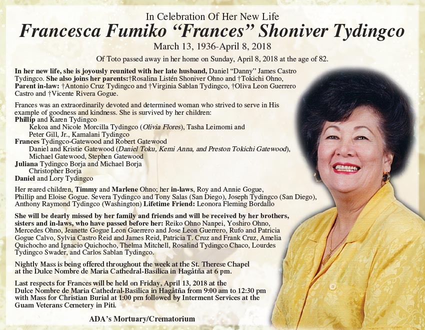 Francesca Tydingco Obituary (1936 - 2018) - Sinajana, Guam - Pacific ...