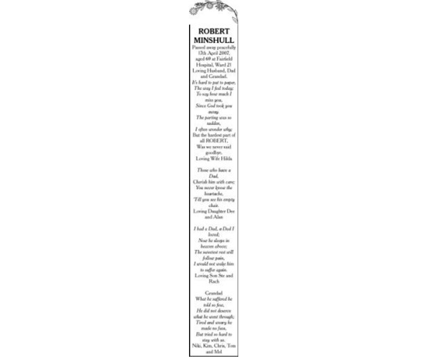 MINSHULL Obituary (2007) - Rugby, City of London - Legacy-ia