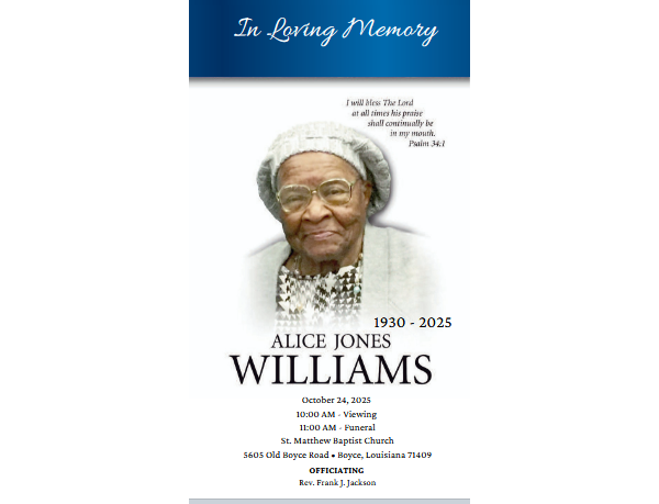 Alice Williams Obituary (2025) - Pineville, LA - Fall Creek Funeral ...