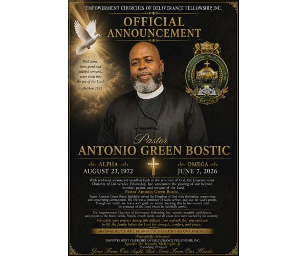 Pastor Antonio Green Bostic Obituary (2026) - Prattville, AL - Davis ...