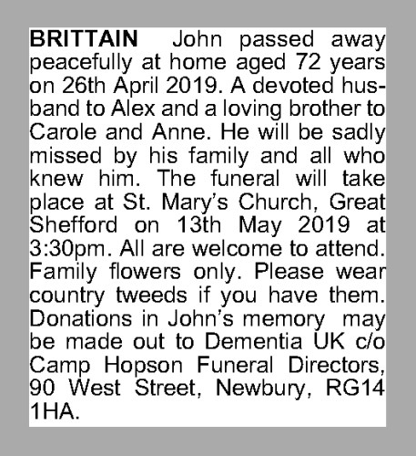 John BRITTAIN Obituary (2019) - Newbury, Berkshire - Newbury Today