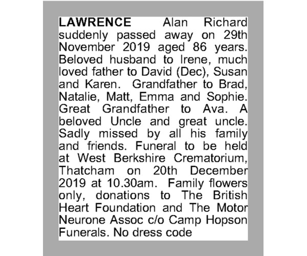 Alan Lawrence Obituary and Online Memorial (2019)