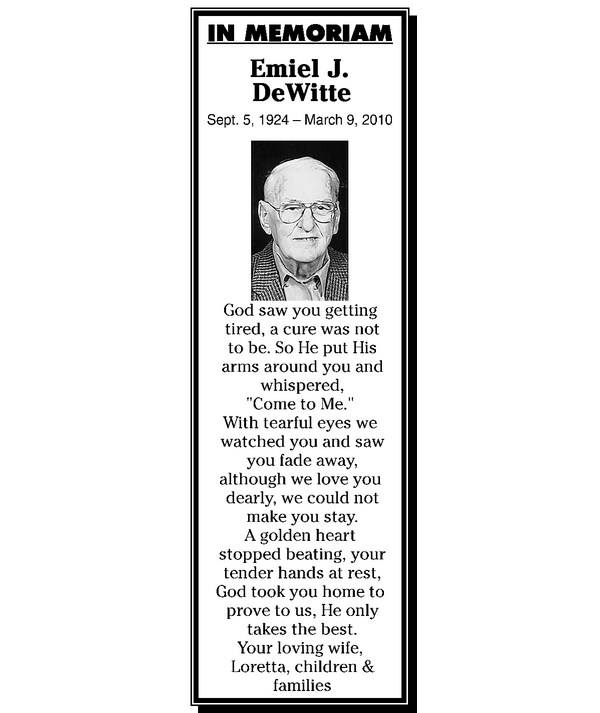 Emiel DeWitte Obituary (2011) - South Bend, IN - South Bend Tribune