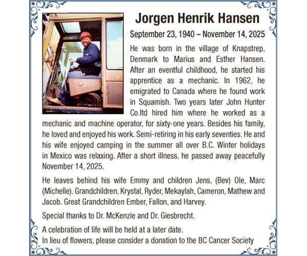 Jorgen Hansen Obituary (2025) - The Squamish Chief