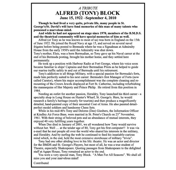 ALFRED BLOCK Obituary (2010) - Unknown, Bermuda - The Royal Gazette