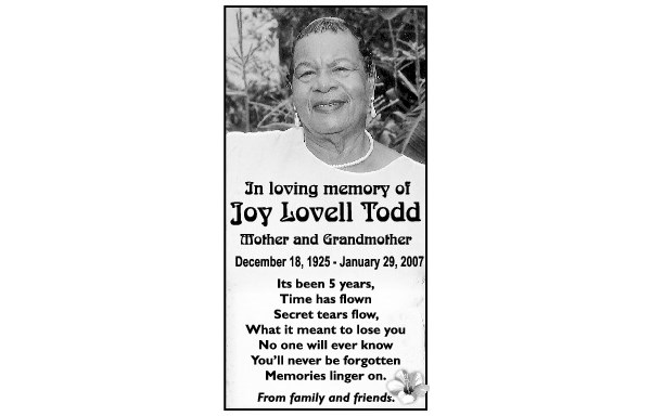 JOY TODD Obituary (2012) - Warwick, Bermuda - The Royal Gazette