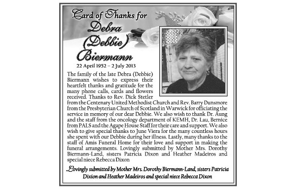 Debra Biermann Obituary (2013) - Hamilton Parish, Bermuda - The Royal ...