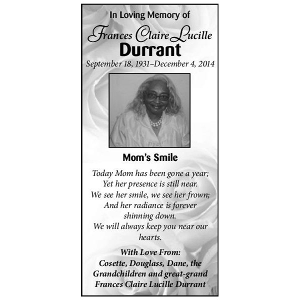 Frances Durrant Obituary (2015) - Unknown, Bermuda - The Royal Gazette
